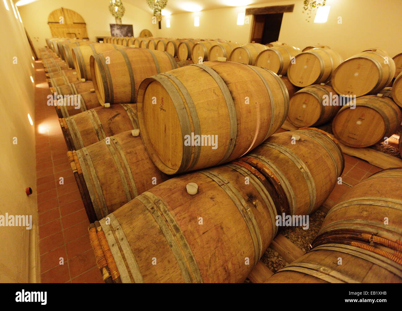 Chianti Classico wine aging in cellar at Colle Bereto winery, Radda in ...