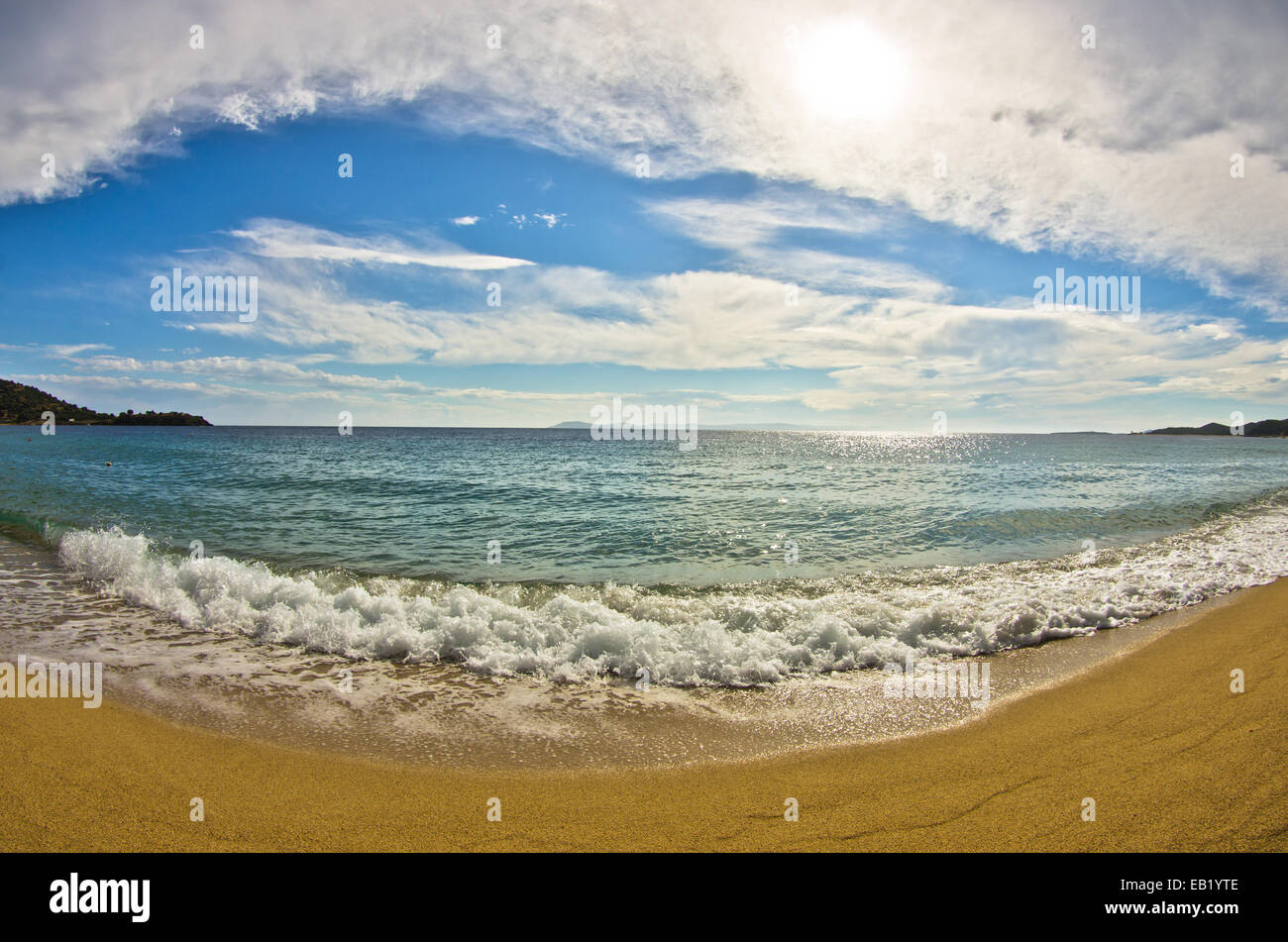 Beautiful sandy beach at small greek village Toroni in Sithonia Stock ...
