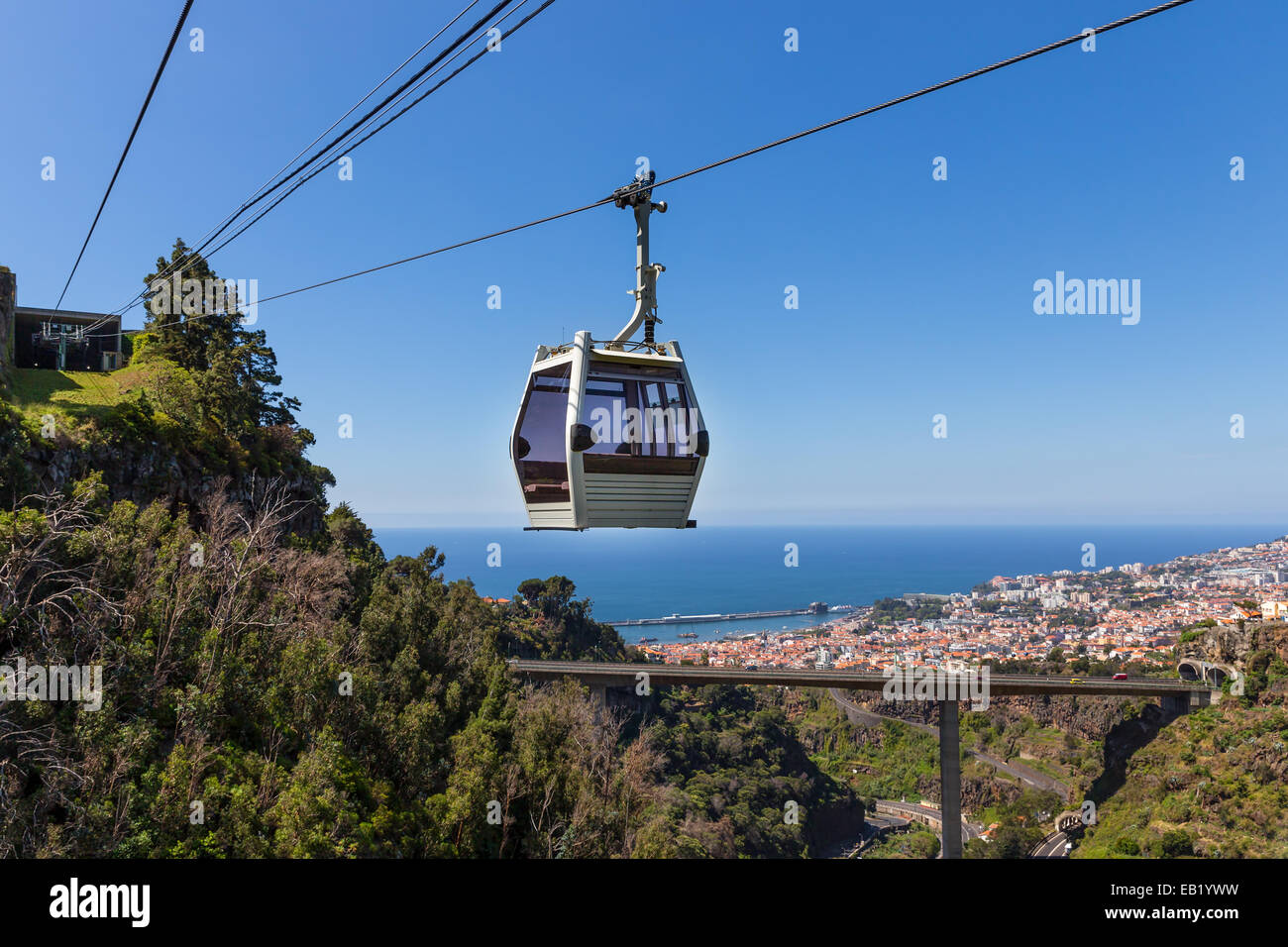 Cable car to Monte with aerial view at the city Funchal, Madeira Island ...