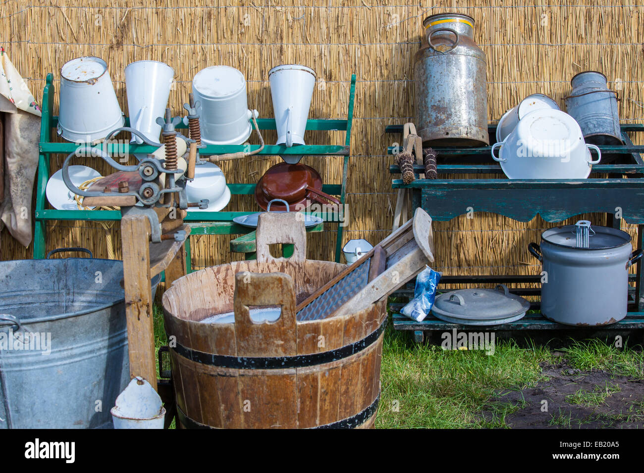 Traditional dutch farmer utensils with a washtub and buckets Stock ...