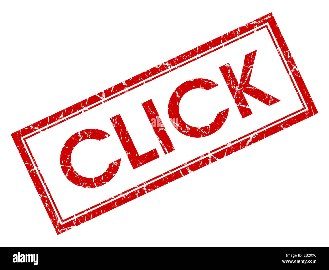 Click red square grungy stamp isolated on white background Stock Photo ...