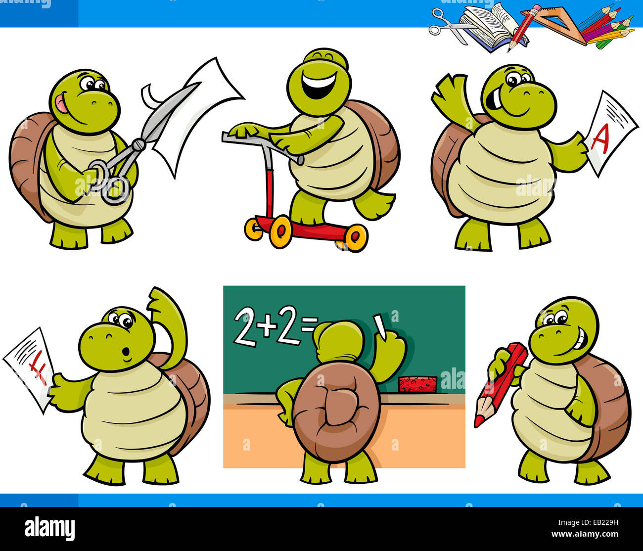 Cartoon Illustration of Turtle Animal Character School Student Set ...