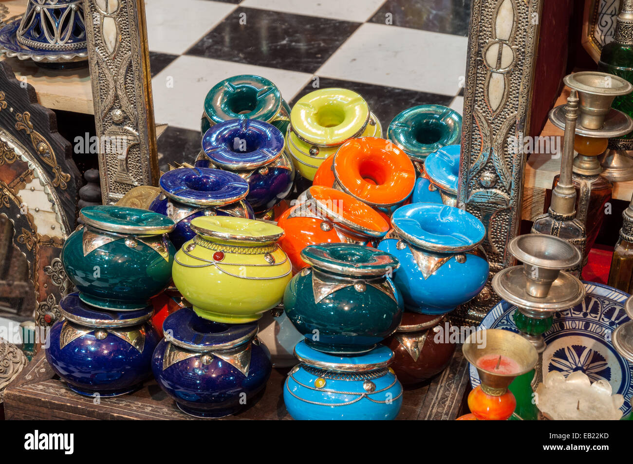 Traditional moroccan ceramics and jewelry in an artisanry shop. Fez ...
