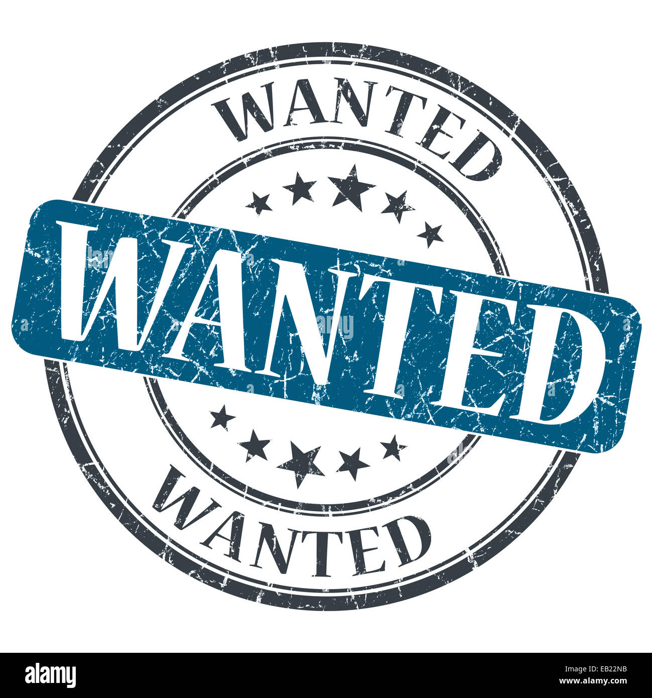 Wanted blue grunge round stamp on white background Stock Photo - Alamy