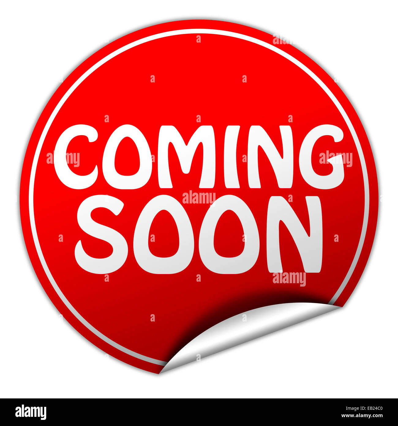 coming soon round red sticker on white background Stock Photo - Alamy