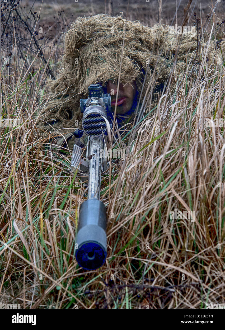 British sniper with his L115A3 long range sniper rifle on exercise in ...