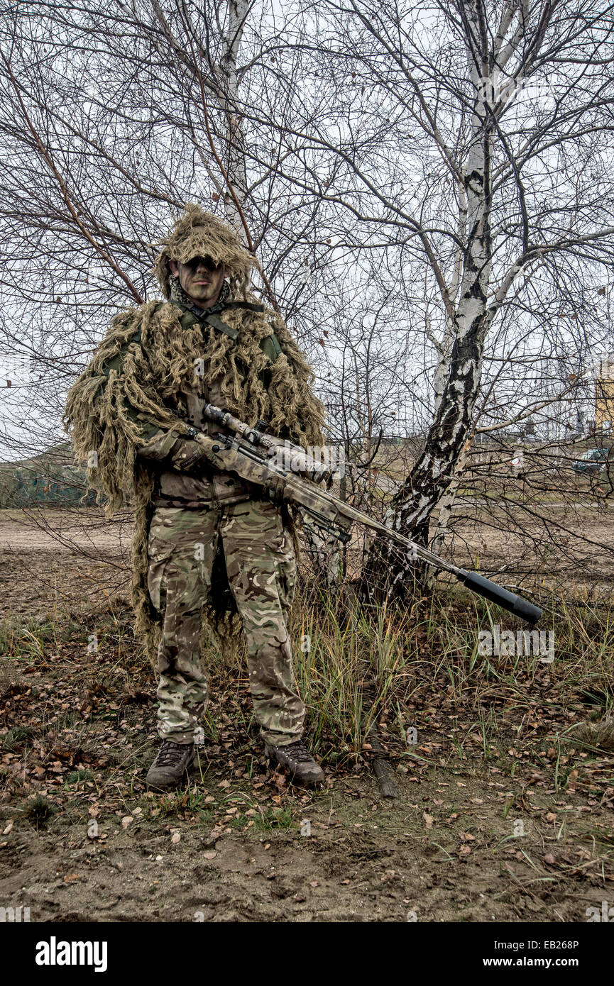 British sniper with his L115A3 long range sniper rifle on exercise in ...