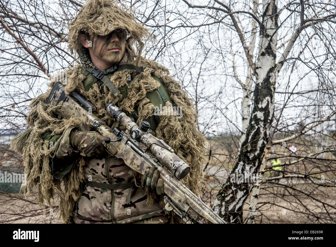 British sniper with his L115A3 long range sniper rifle on exercise in ...