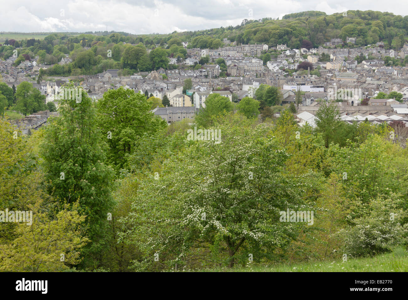 Kendal town landscape with the town nestling in surrounding trees and ...