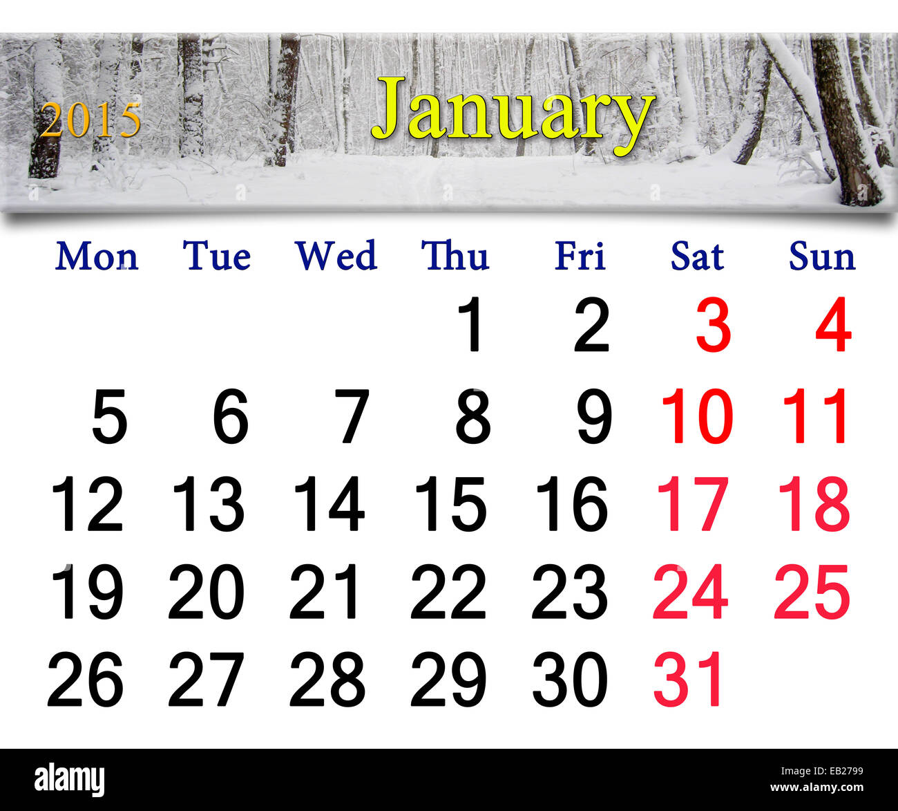 beautiful calendar for the January of 2015 with snowy forest Stock ...