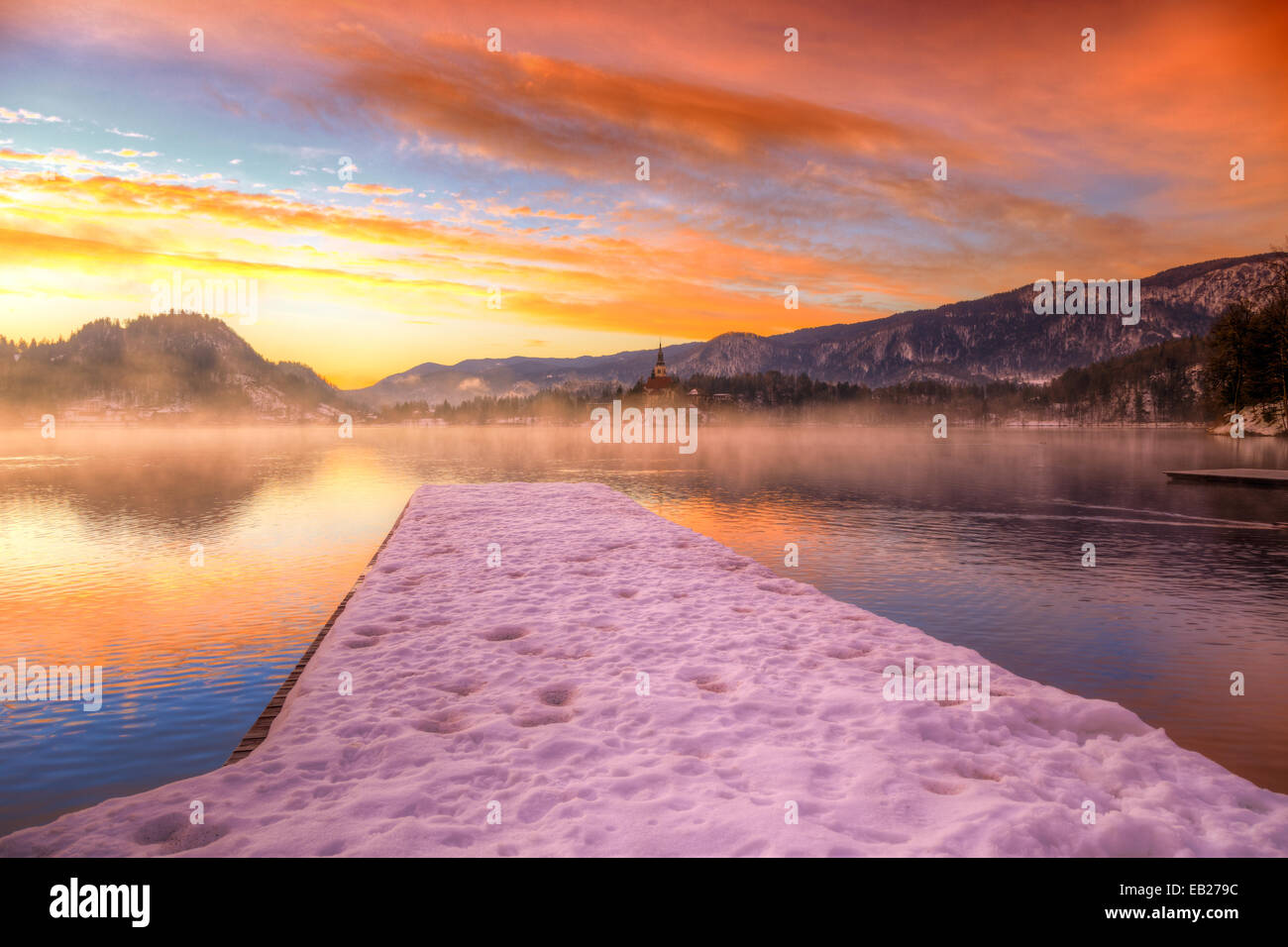 Amazing sunrise at the lake Bled in winter, Slovenia, Europe Stock ...