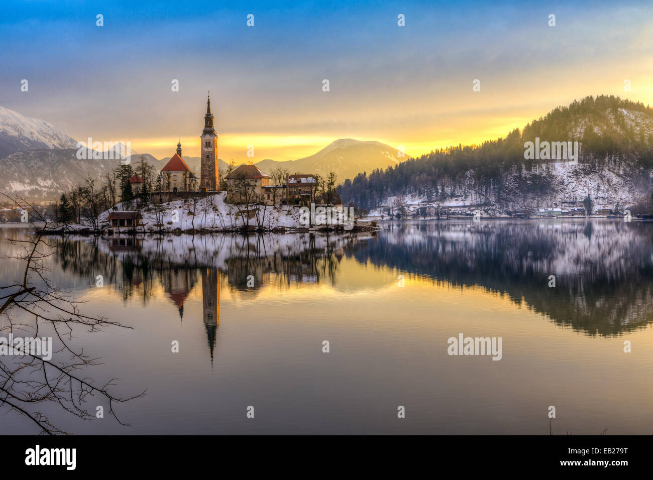 Amazing sunrise at the lake Bled in winter, Slovenia, Europe Stock ...