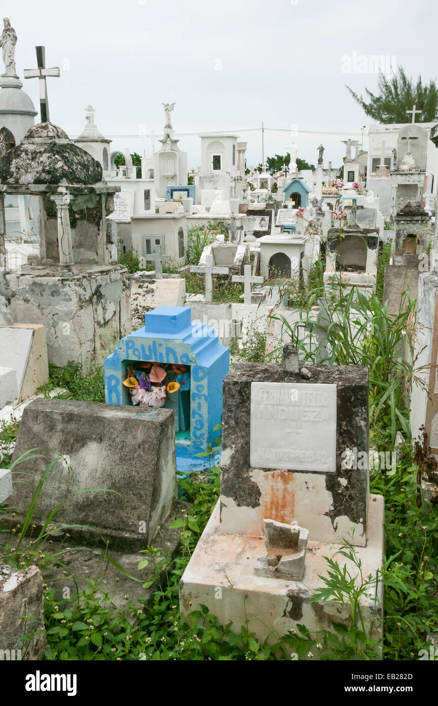 Panteon de San Roman cemetery showing various types of grave markers ...