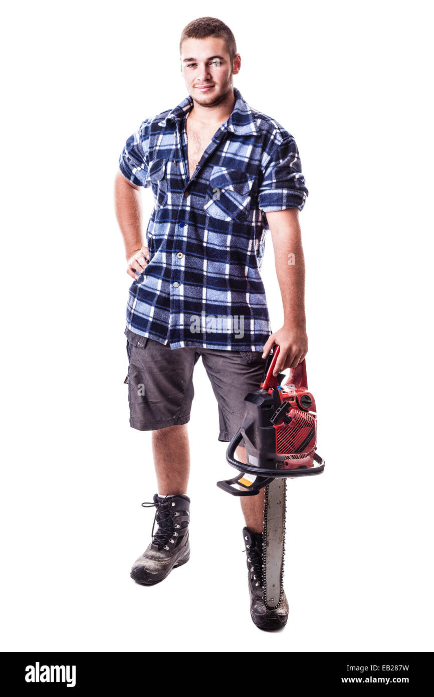 a young lumberjack wearing a checkered shirt and holding a chainsaw ...