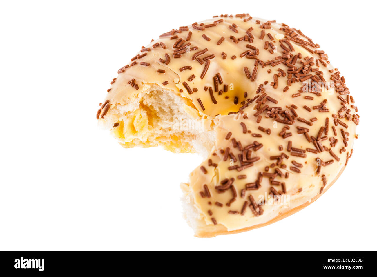 delicious tasty donut with a missing bite isolated over a white ...