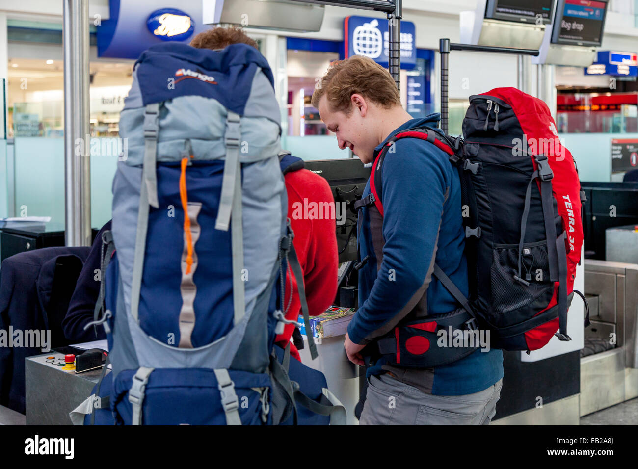 Backpackers Off Travelling, Heathrow Airport, London, England Stock ...