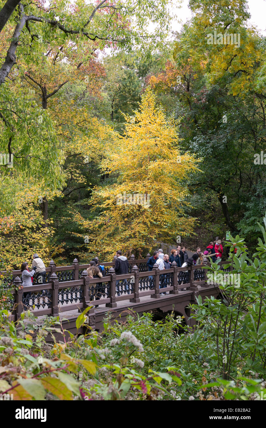 People on the Oak Bridge at Bank Rock Bay in Central Park, New York ...