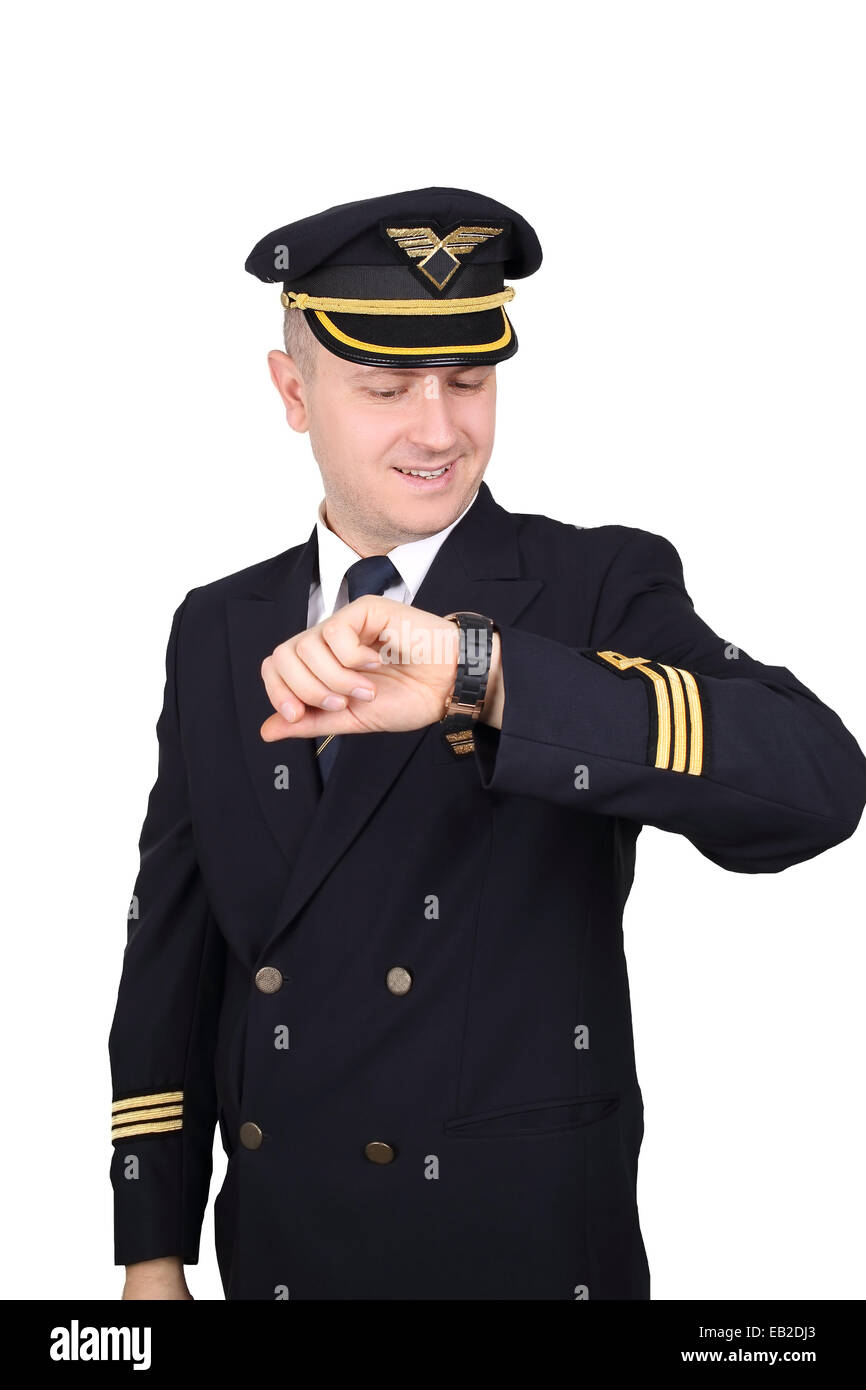 pilot looks at his watch on a white background Stock Photo - Alamy