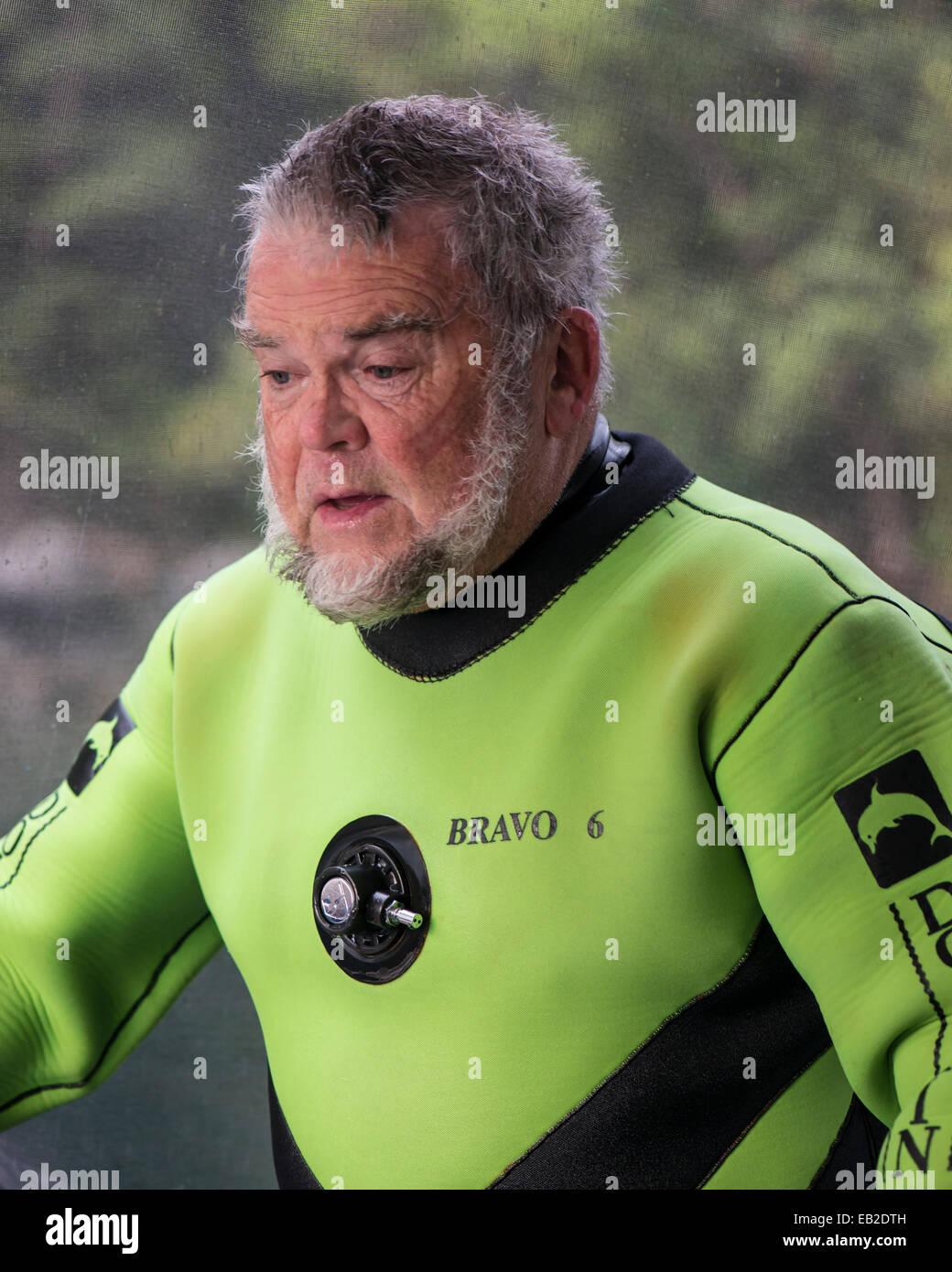 Renowned scuba diver Dr Mike Davis after a dive in NZ's fiordland Stock ...