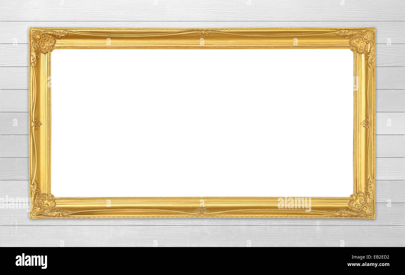 blank golden frame on wood wall background Stock Photo - Alamy