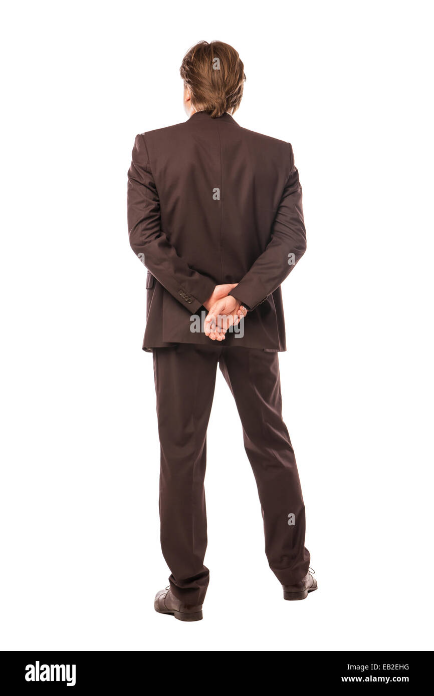 business man from the back looking at something isolated over white ...