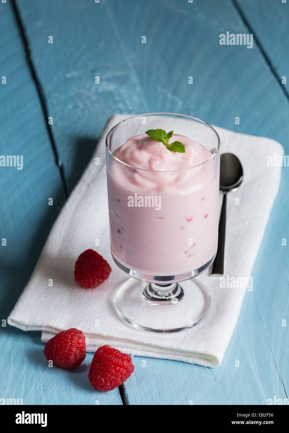 Raspberry cream dessert with mint Stock Photo - Alamy