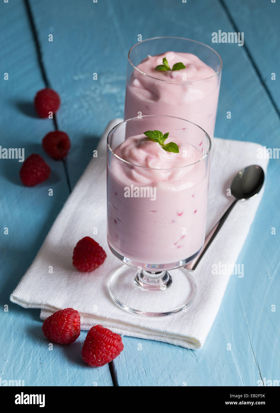 Raspberry cream dessert with mint Stock Photo - Alamy