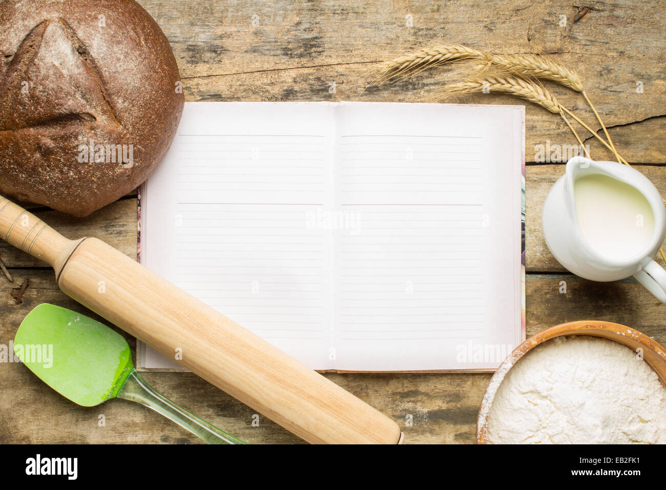 Cookbook with baking ingredients. Bakery food background Stock Photo ...