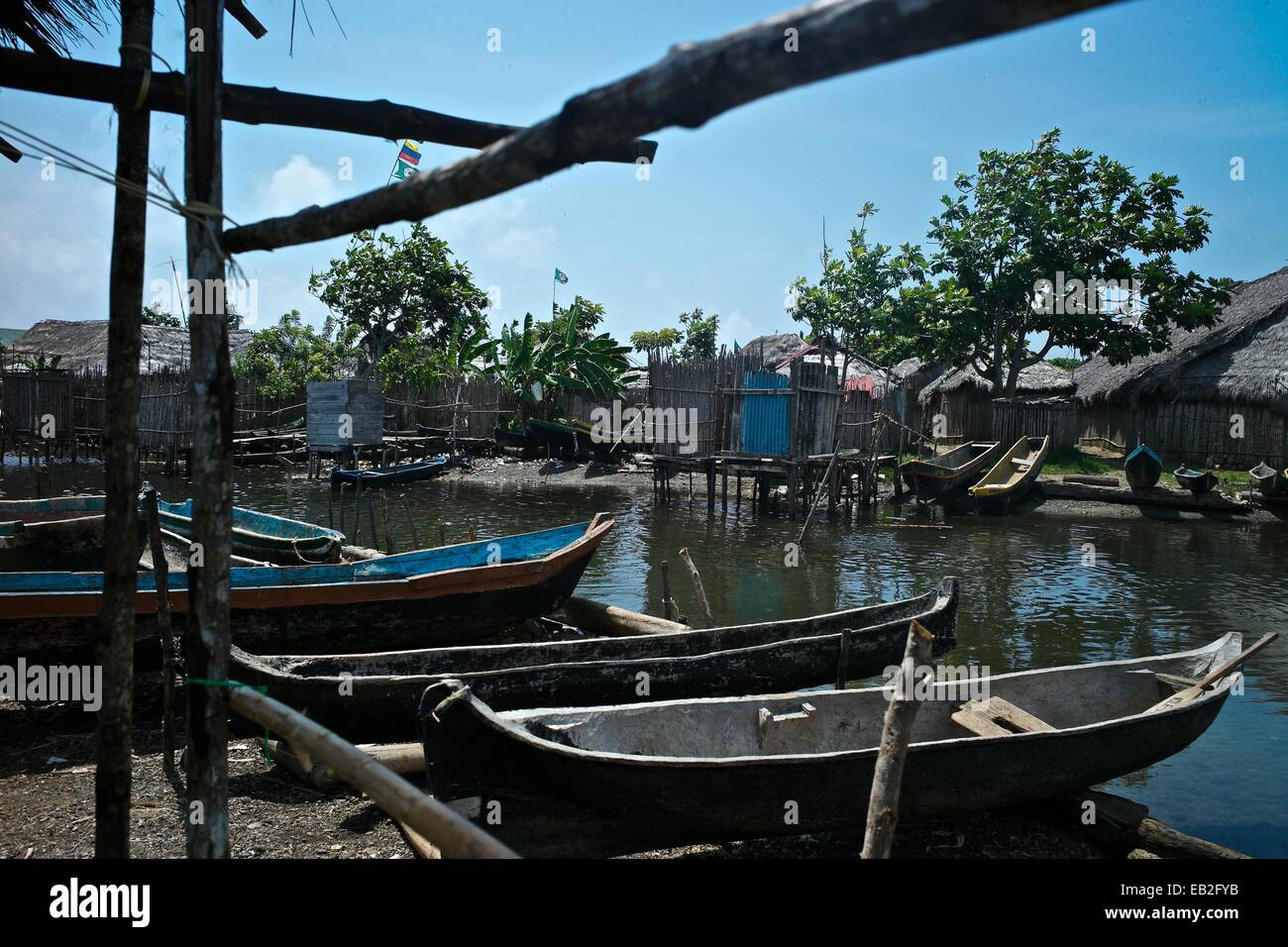Outdoor latrine at the coastal Cuna village of Ustupu with the flag of ...