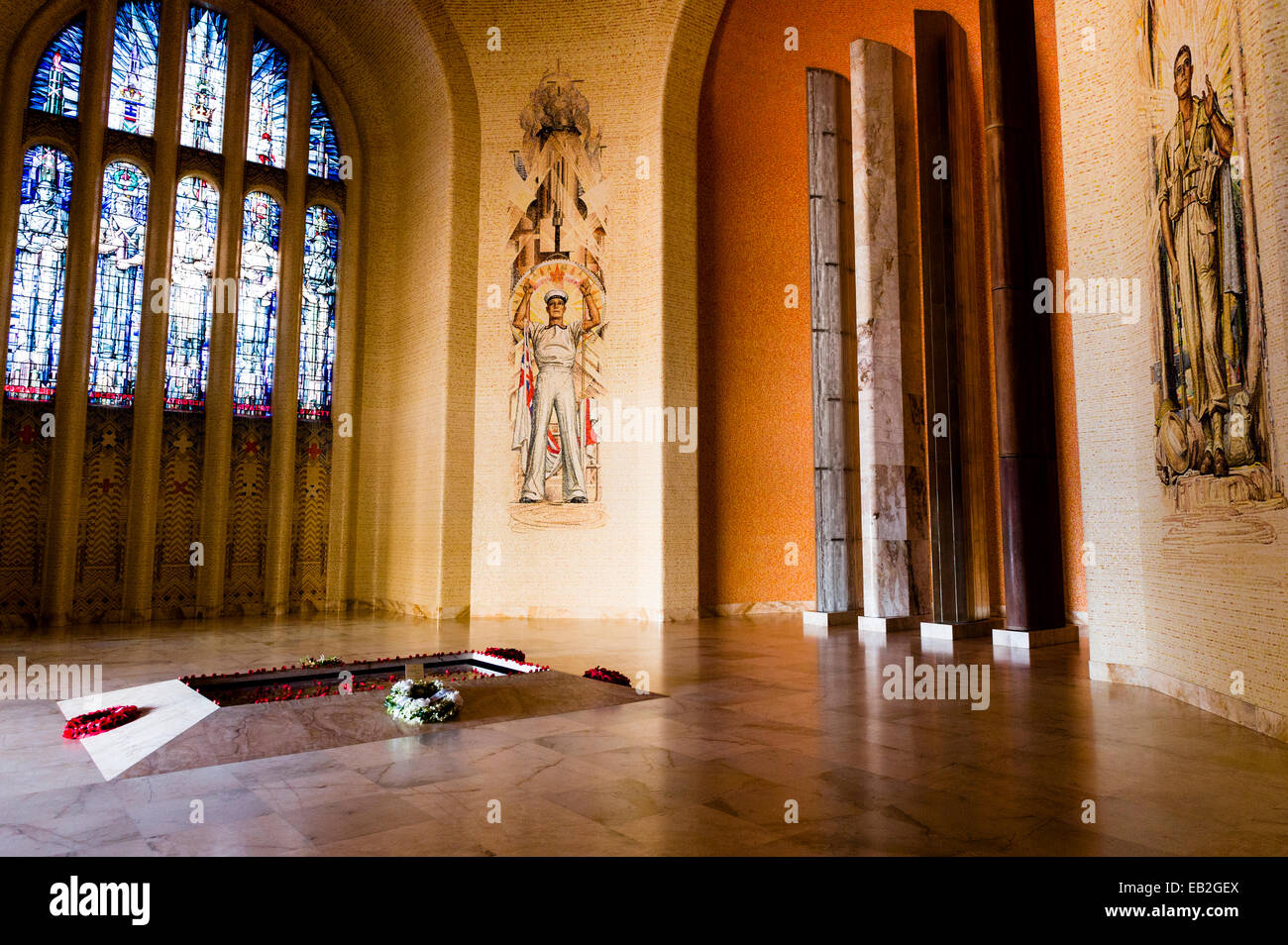 Mosaic walls and stained glass windows in the Hall of Memory where the ...