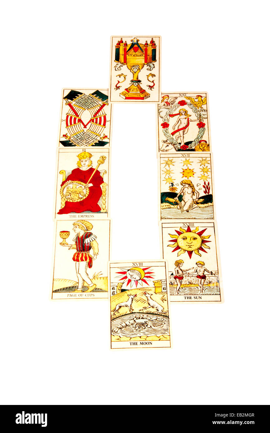 tarot cards set out in the mirror spread Stock Photo - Alamy