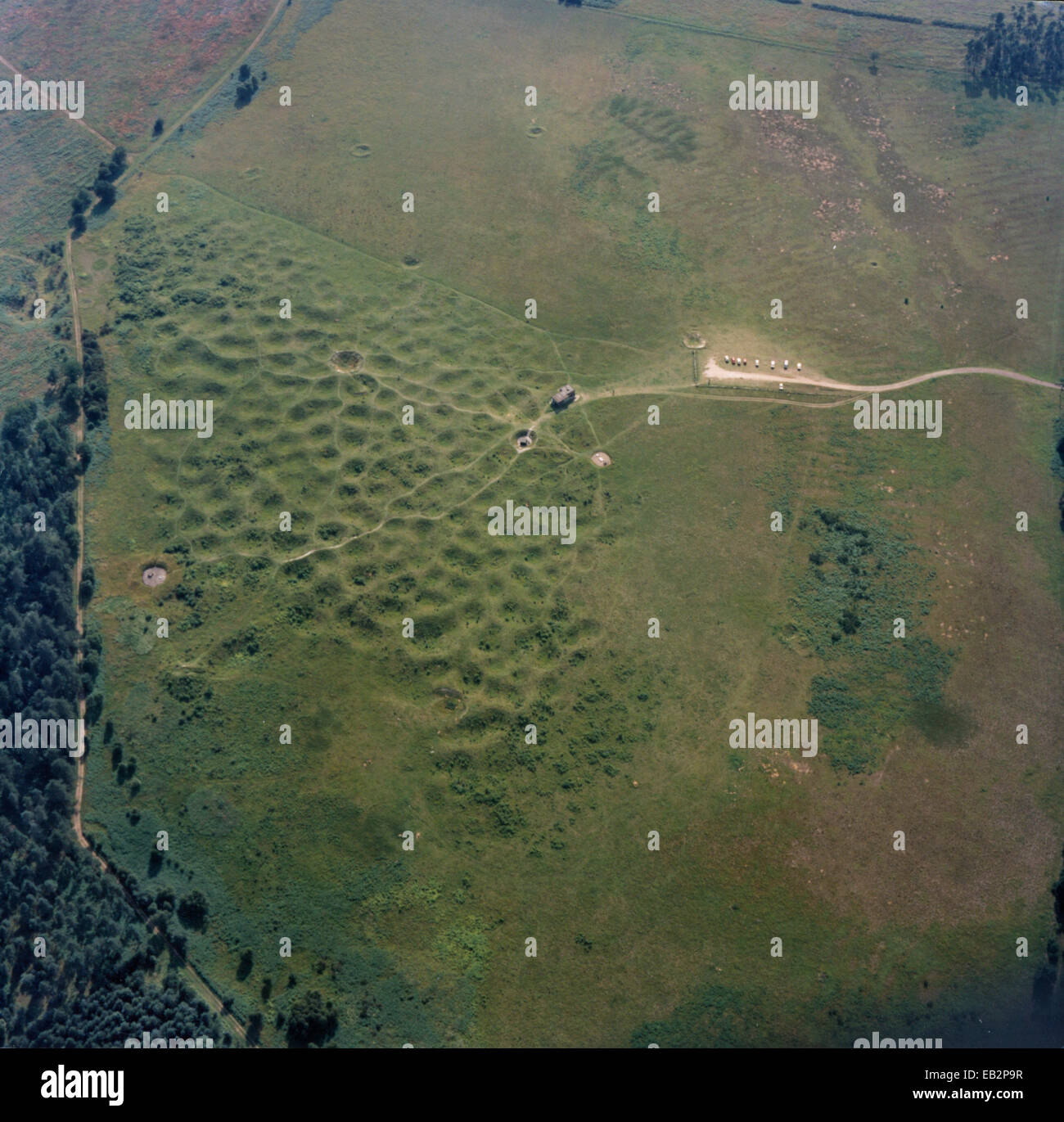 Aerial view of Neolithic flint mine, Grimes Graves, Brandon, Norfolk ...