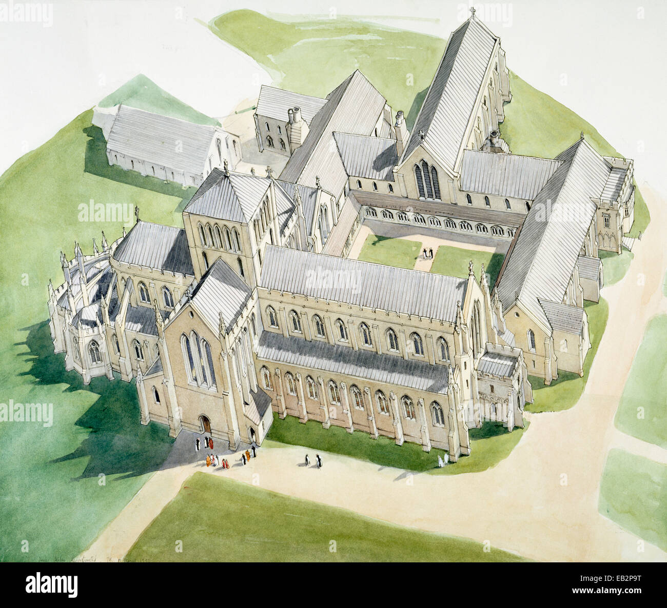 Illustration of the reconstructed Hailes Abbey, Winchcombe ...