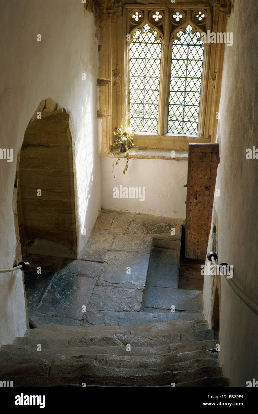 Interior of Abbots House stone staircase, Muchelney Abbey, Somerset, UK ...