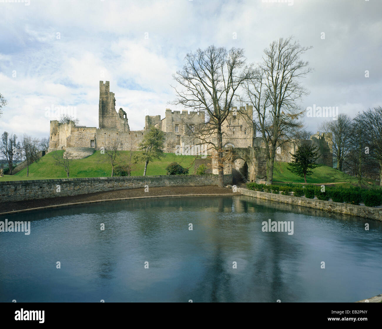 General view looking across water, Prudhoe Castle, Northumberland, UK ...