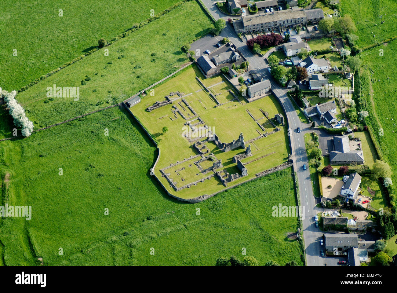 Aerial view of remains of the Cistercian abbey, Sawley Abbey ...