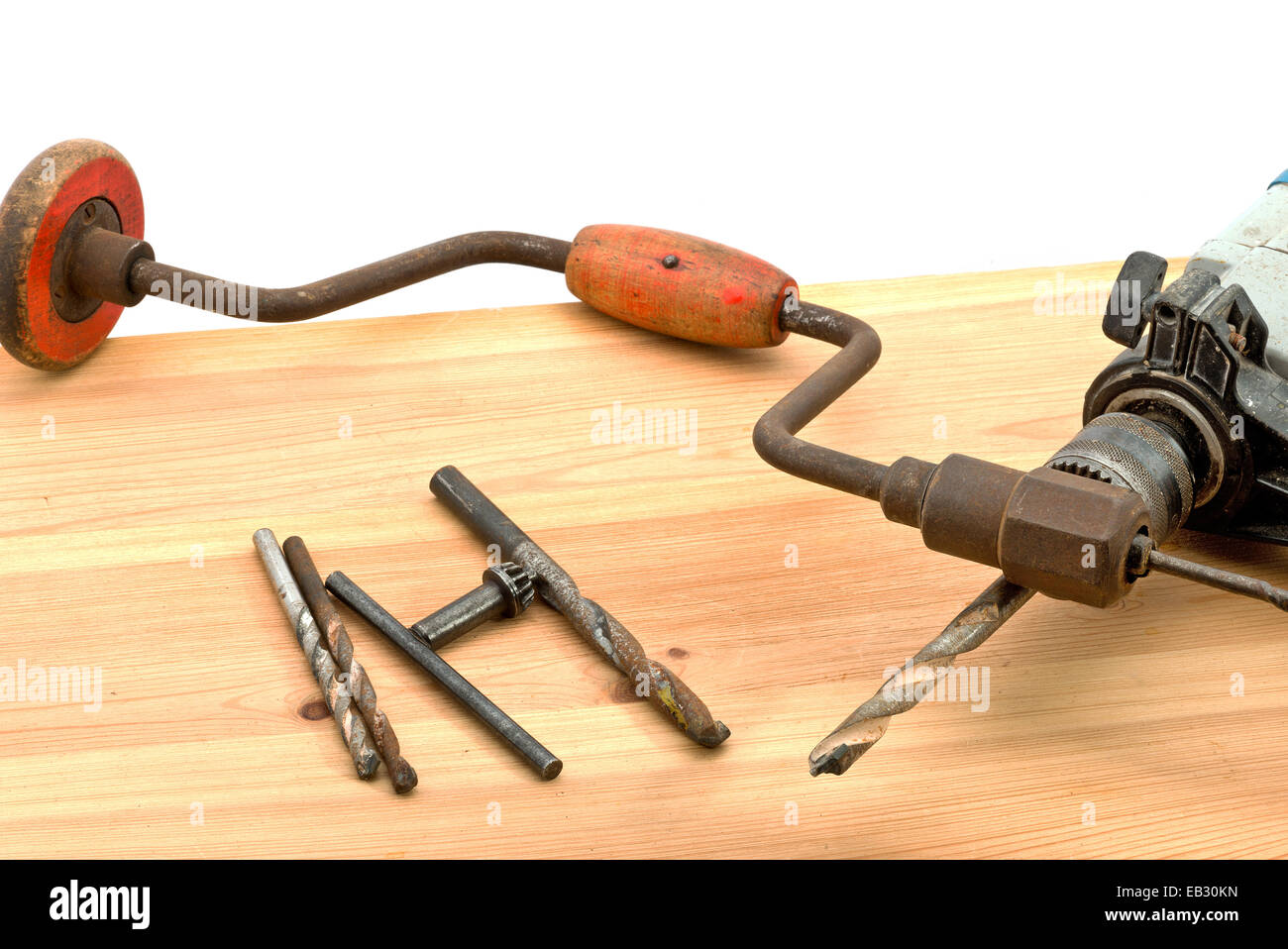 old used tools on the wooden desk Stock Photo - Alamy