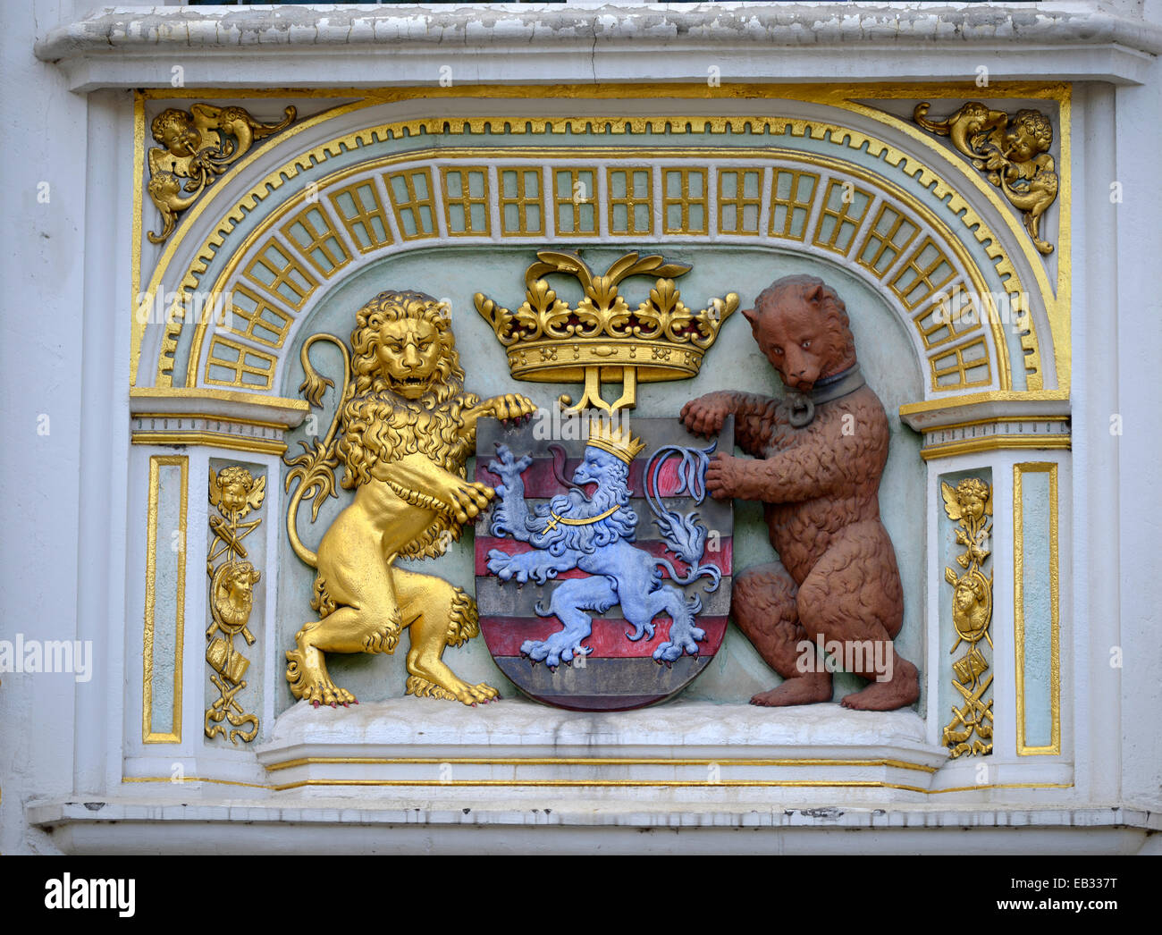 Lion and bear, coat of arms at the Palace of Justice, a UNESCO World ...