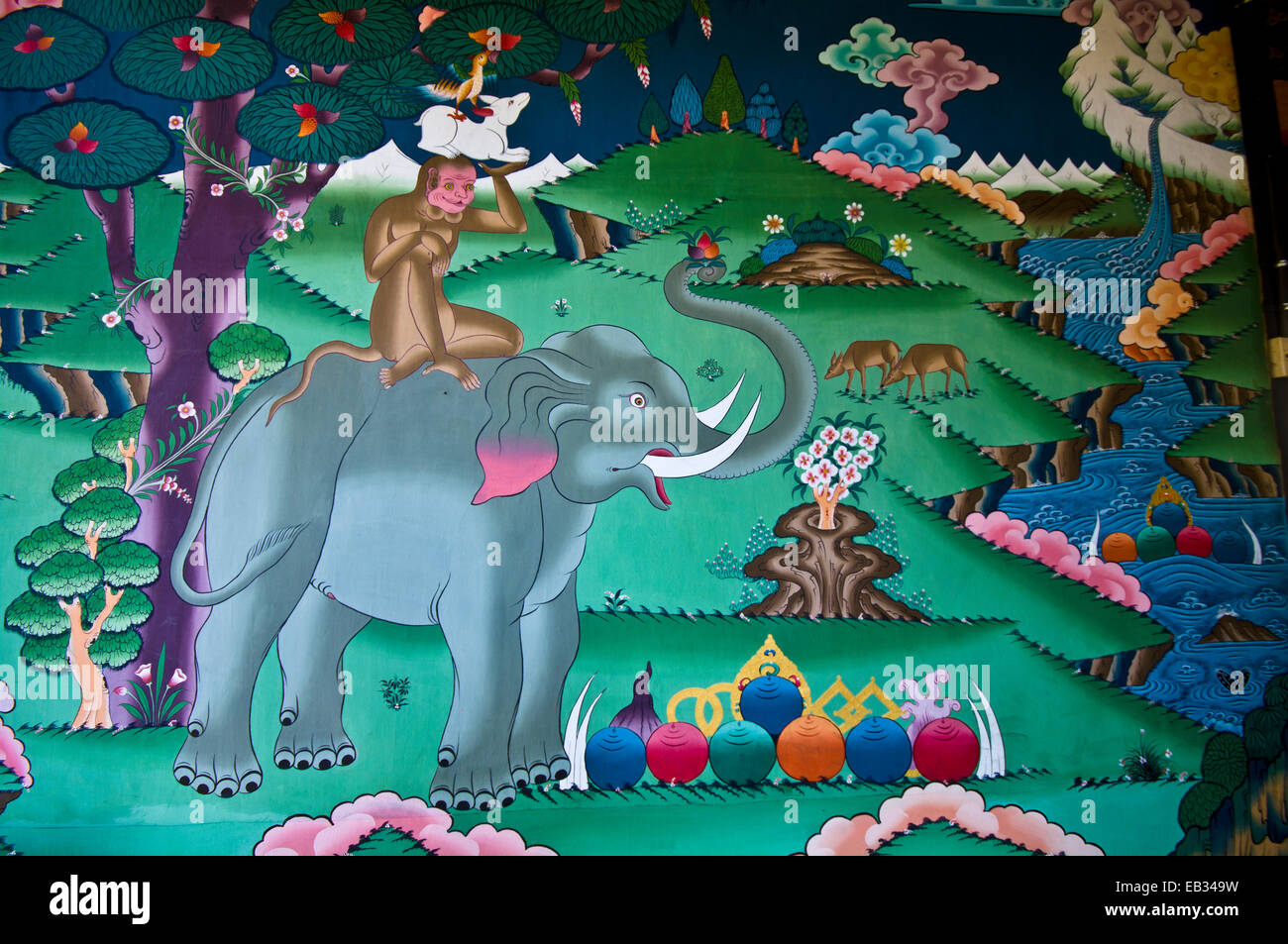 A colorful mural depicts the tale of the Four Harmonious Friends in a ...