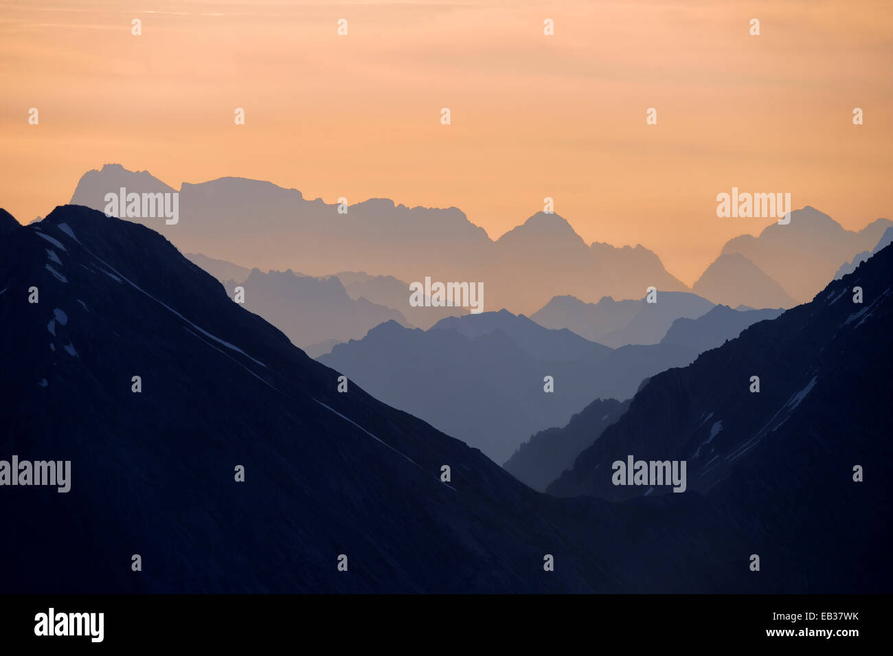 Panoramic view of the mountains at sunrise, Lech valley, Kaisers ...