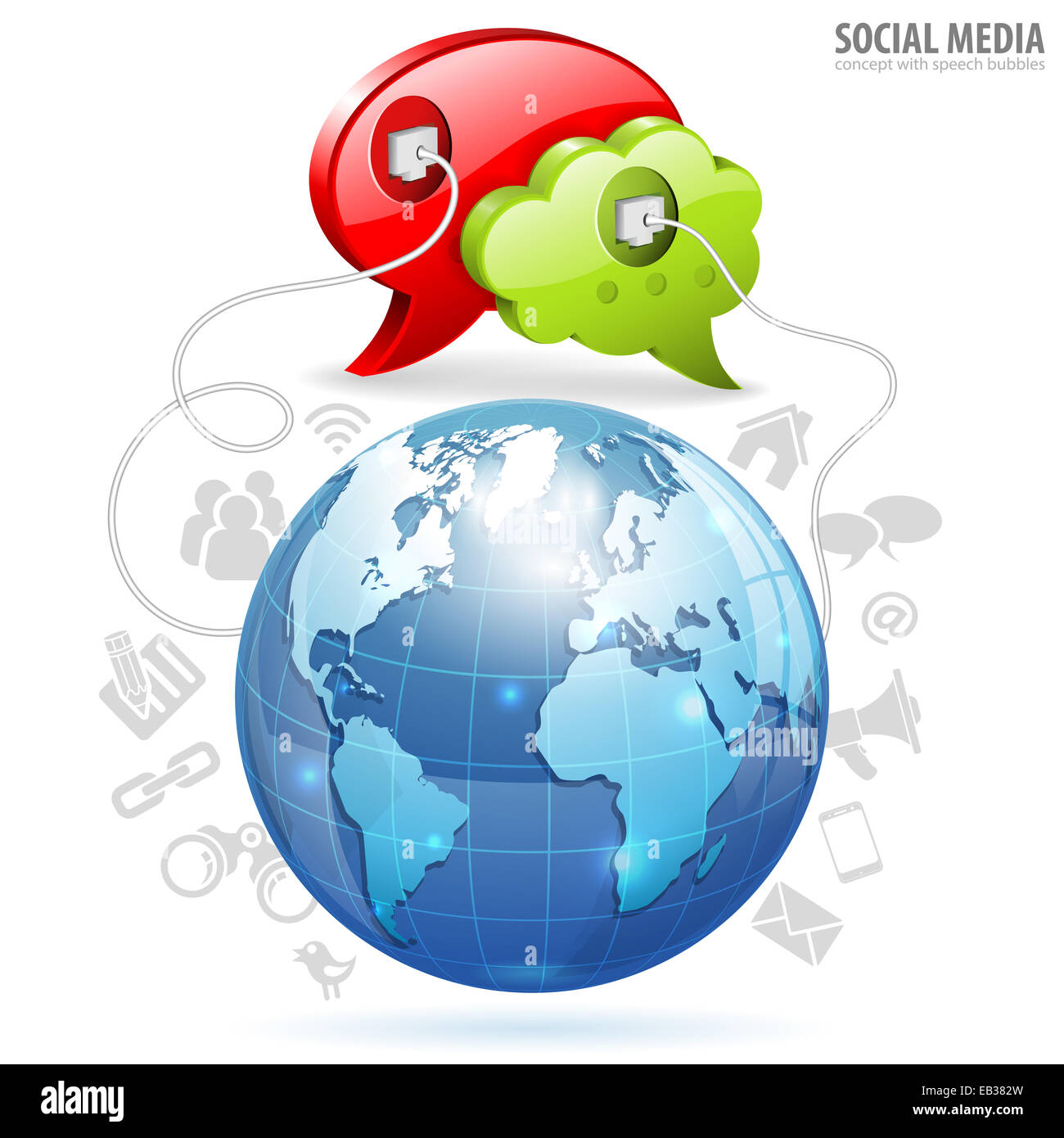 Social Media Concept - Speech Bubbles Connected to Earth with Icons ...