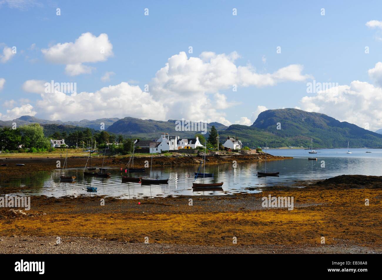 Fishing harbour at low tide, Plockton, Highlands, Scotland, United ...