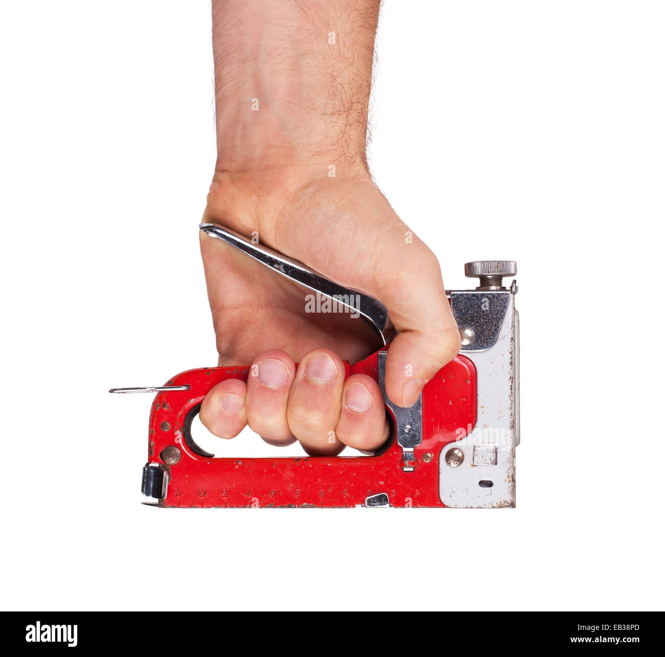 Staple gun in hand isolated on white background Stock Photo - Alamy