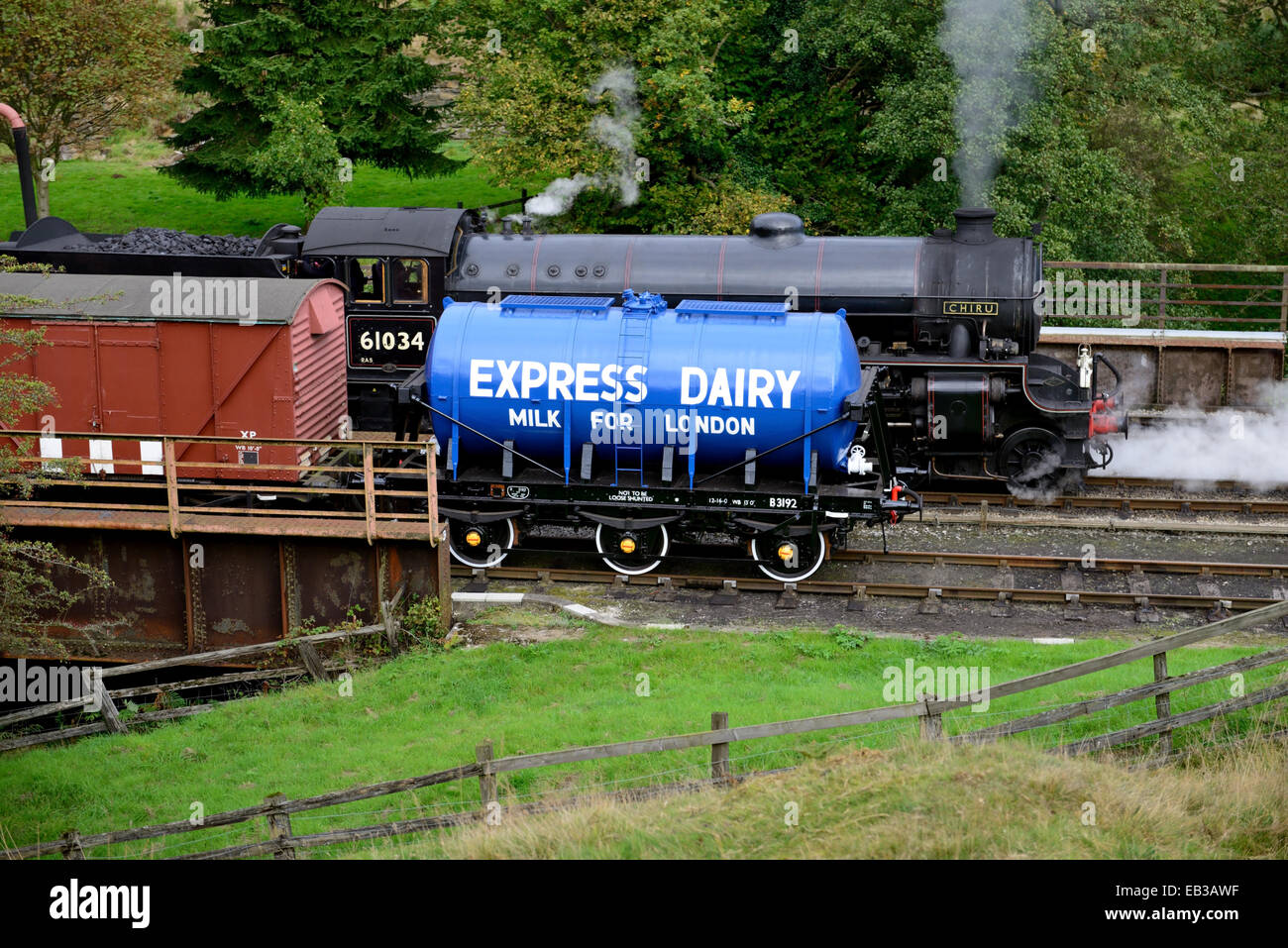 Steam train and milk tank at Goathland station. The locomotive is LNER ...