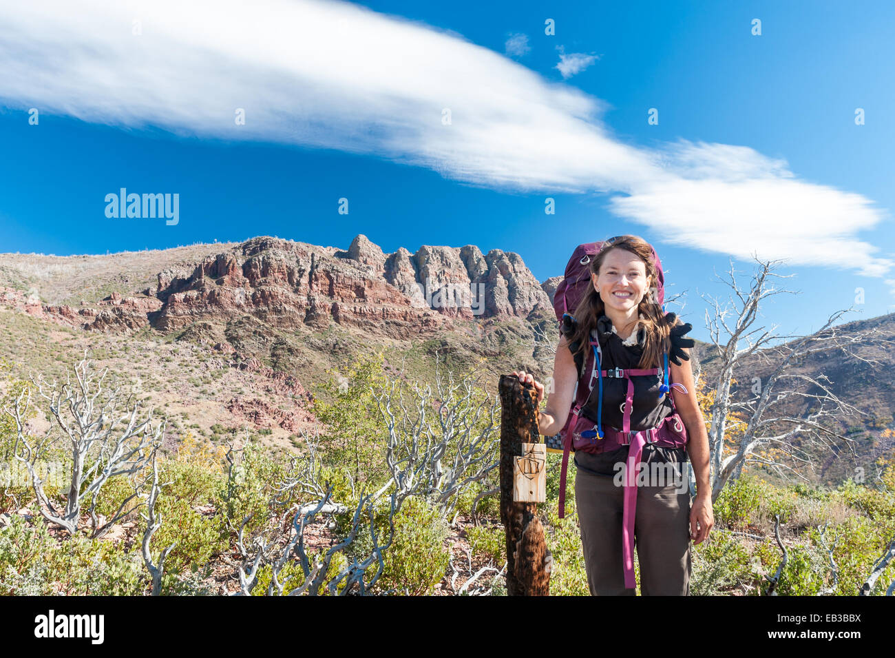 Woman leaning on Arizona trail sign, Mazatzal Mountains, Arizona ...
