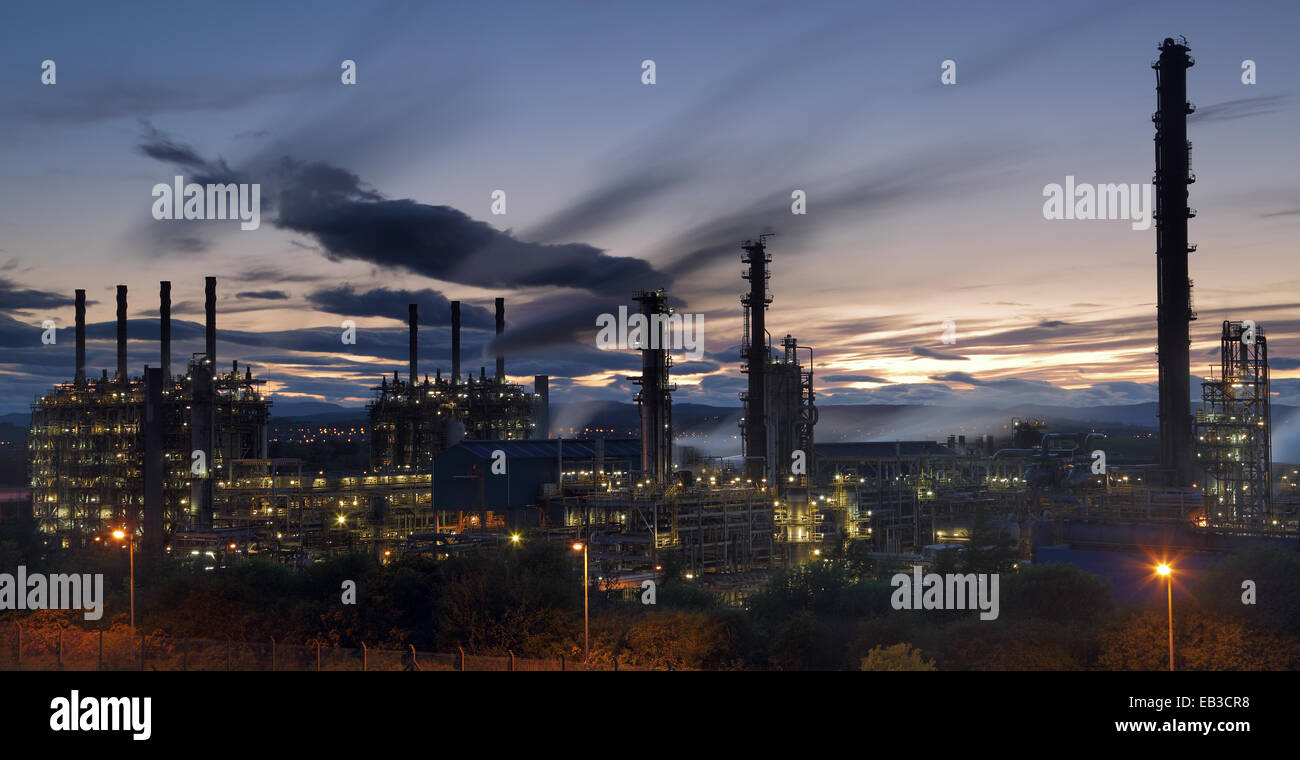 UK, Scotland, Illuminated natural gas processing plant at night Stock ...