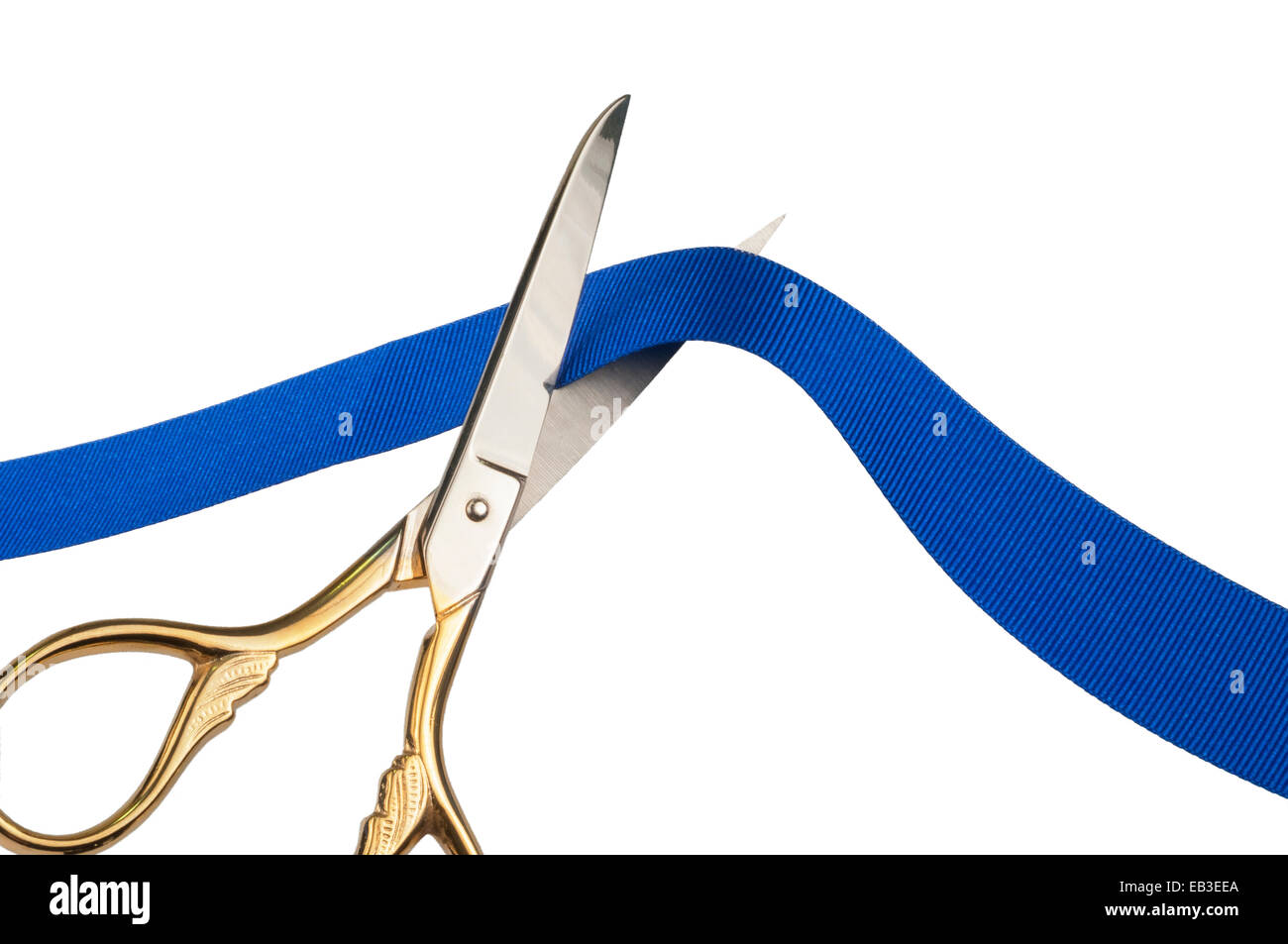 Scissors cutting a blue ribbon Stock Photo - Alamy