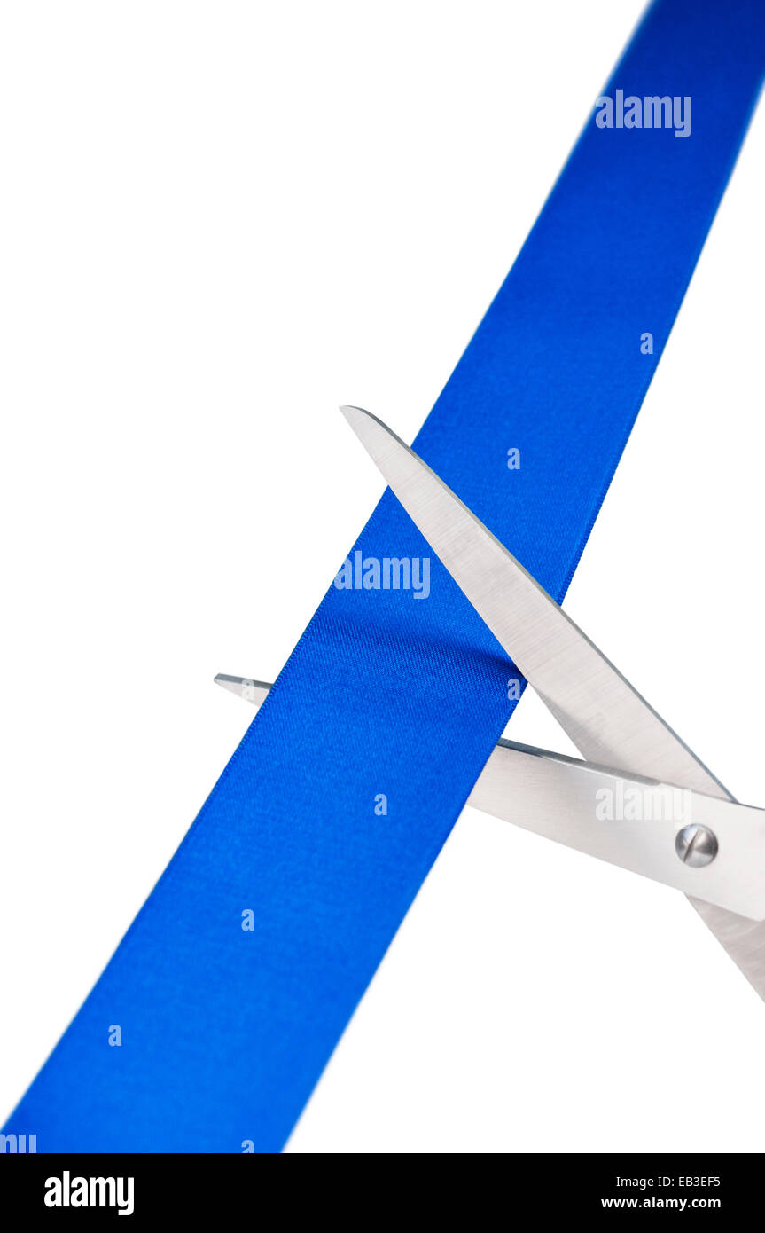 Scissors cutting a blue ribbon Stock Photo - Alamy