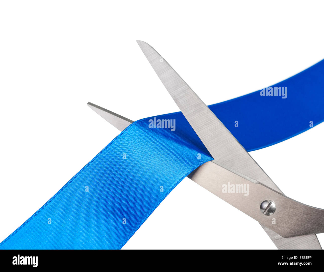 Scissors cutting a blue ribbon Stock Photo - Alamy