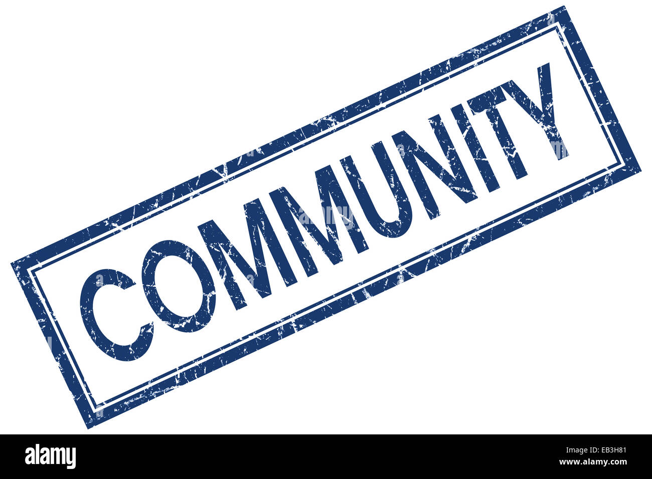Community blue square grungy stamp isolated on white background Stock ...